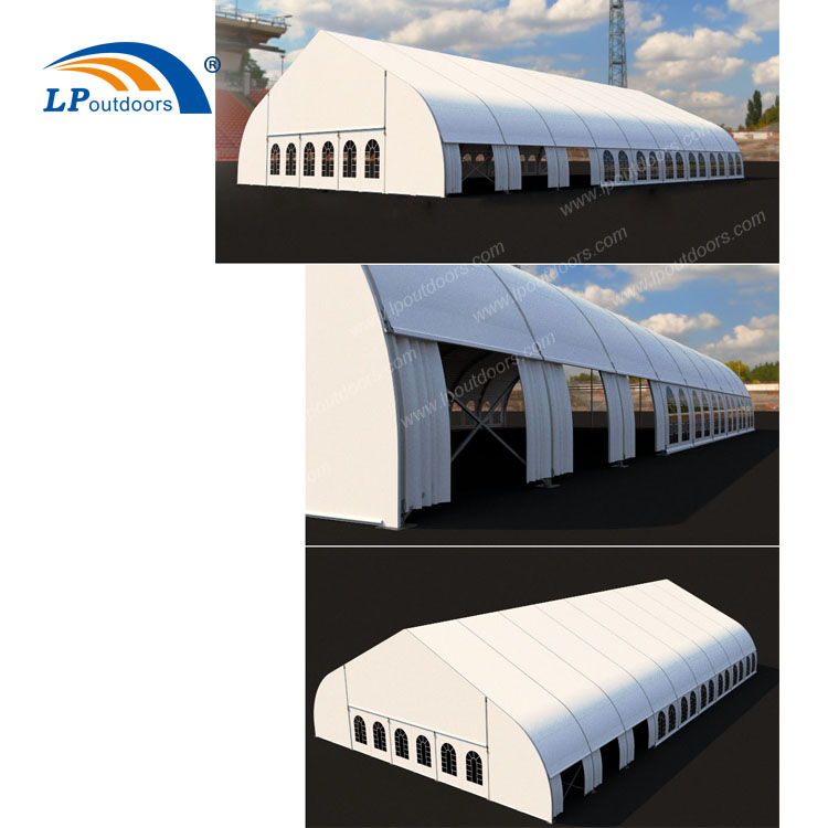 Curved style temporary stadium tent for concert or sports court